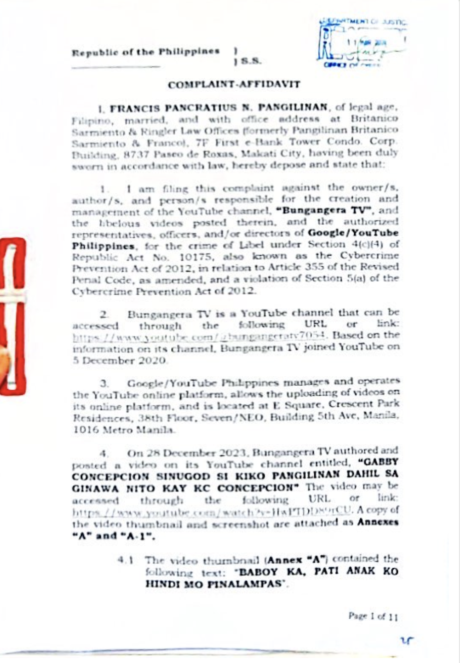 Kiko Pangilinan files cyberlibel complaint vs Google, YouTube